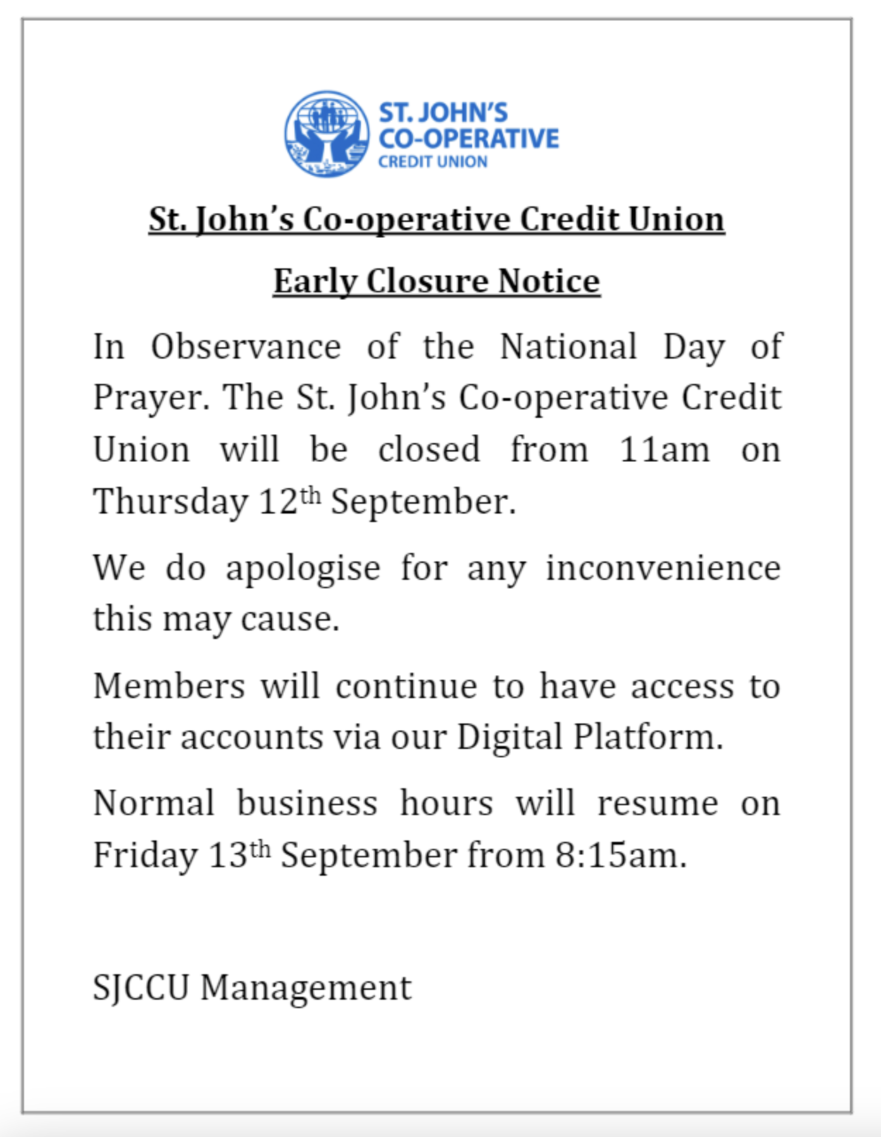 St. John’s Co-operative Credit Union Announces Early Closure in ...